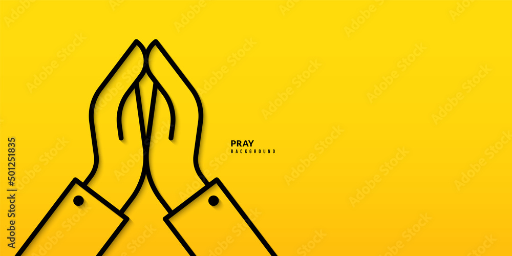 Hands folded in praying position line on yellow background. Prayer to ...