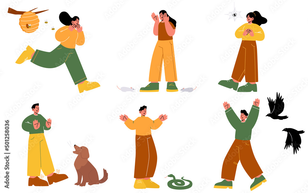 People afraid of spider, dog, mouse, snake, flying birds and bees ...