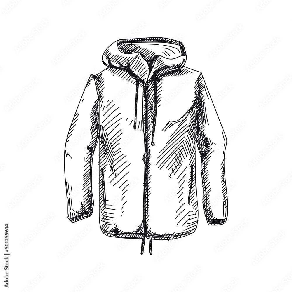 Waterproof jacket for hiking, retro black and white hand drawn ...