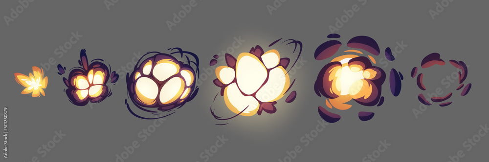 Fototapeta Cartoon bomb explosion storyboard. Smoke clouds, boom ...