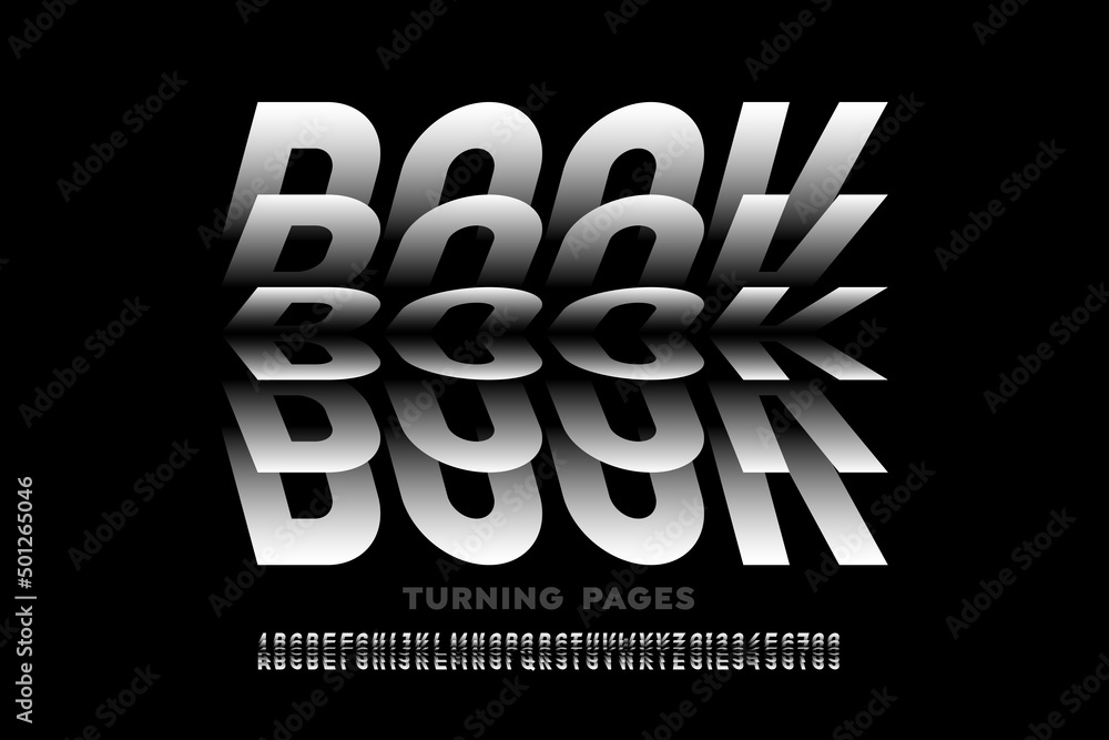 Book turning pages style font design, alphabet letters and numbers ...
