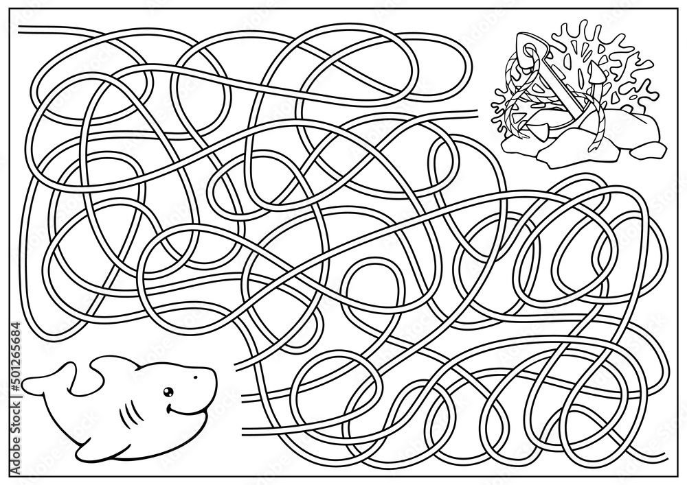 Maze game and coloring for kids with cute cartoon shark. Printable ...