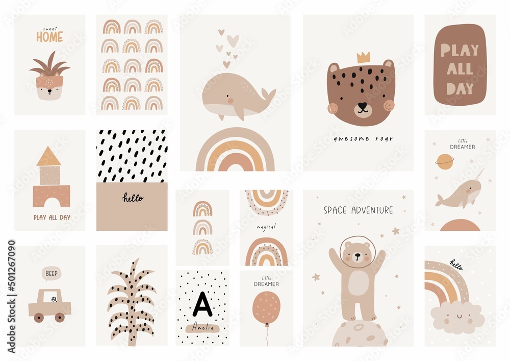 Cute cartoon Bohemian nursery posters. Boho vector print for wall decor ...