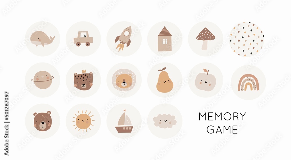Cute cartoon Memory game. Boho vector print children. Cartoon sticker ...
