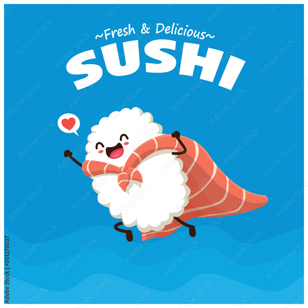 Vintage Japanese food poster design with vector maguro sushi character ...