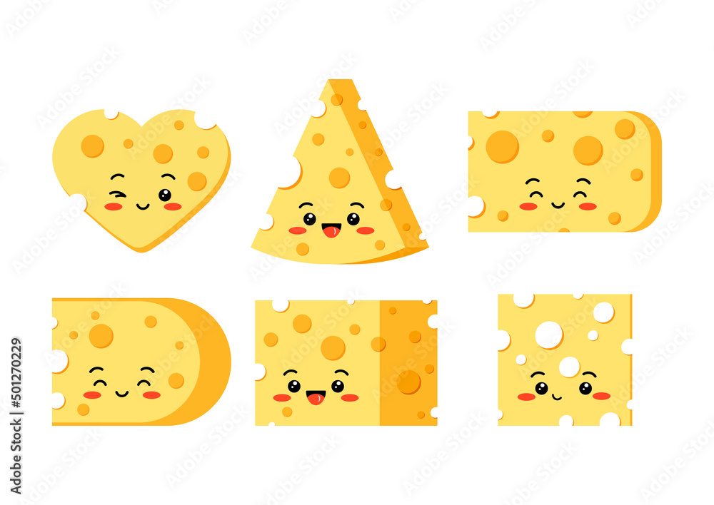 Cute cheese with hole various shapes slices vector character set. Flat ...