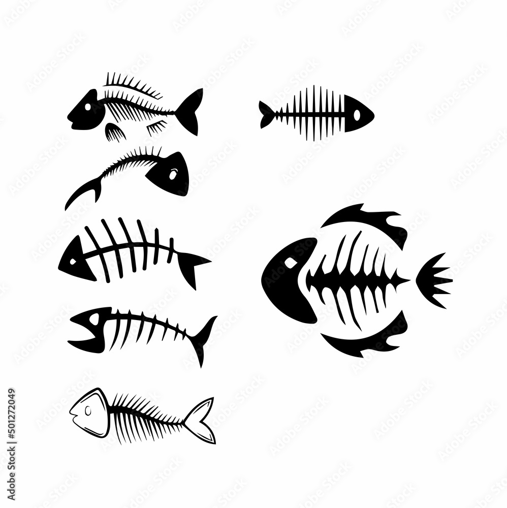 Fishbone icon, fishbone isolated skeleton vector silhouette. Cartoon ...