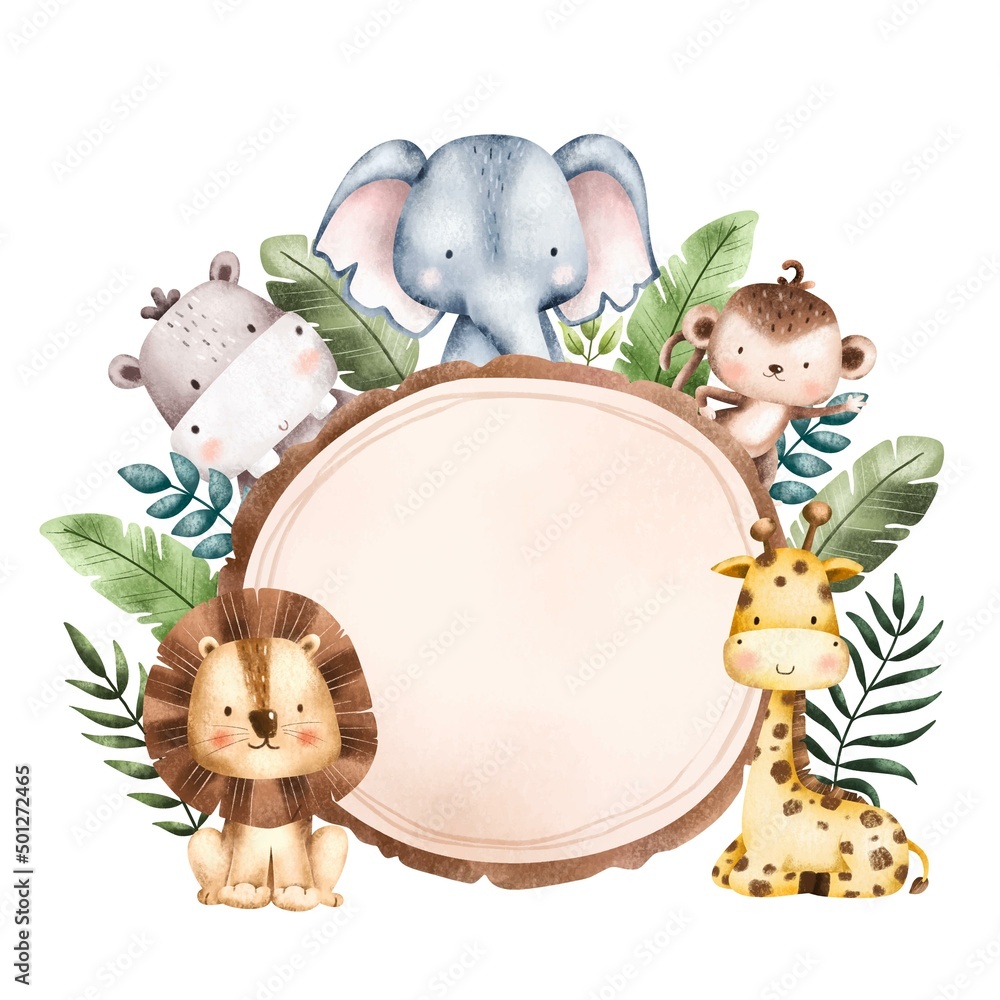 Watercolor Illustration Safari Animal Frame template Stock Vector ...