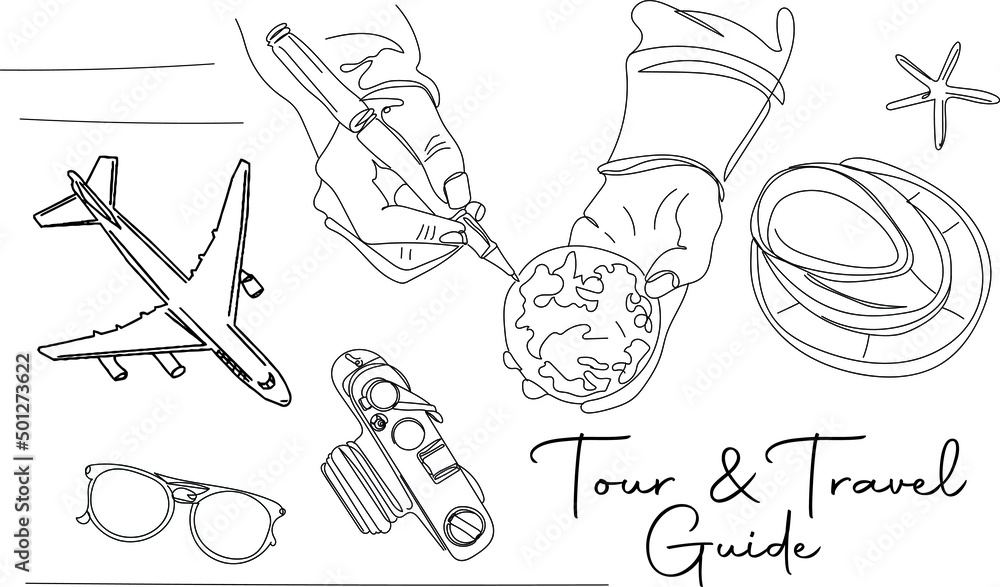 Outline sketch drawing of Tour & Travel guide company logo, Line art ...