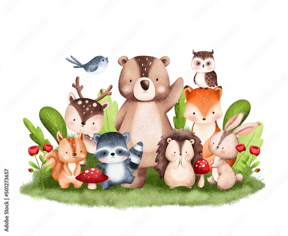 Watercolor Illustration Woodland Animals Illustration Stock Vector ...