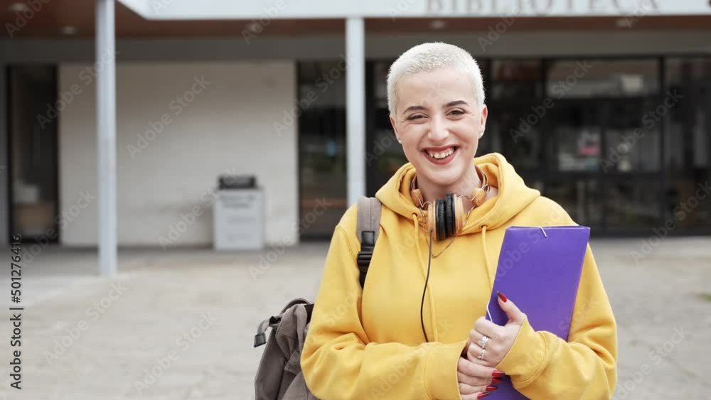 Female University Student with blond short shaved hair Smiling looking ...