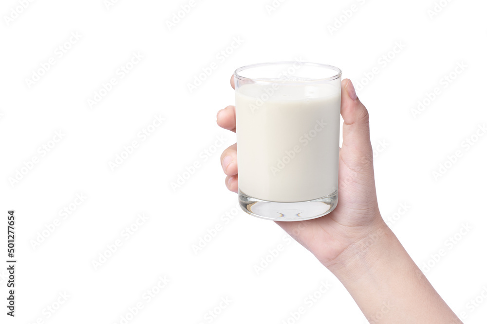 Hand holding glass of fresh milk isolated on white background. Stock ...