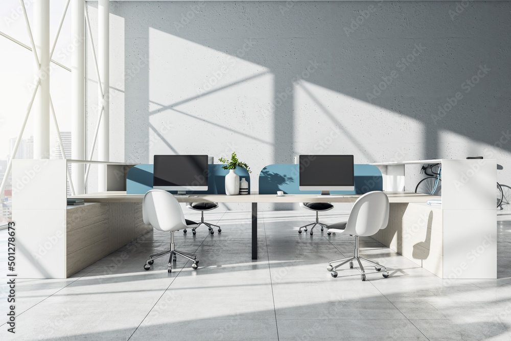 Sunny spacious office background with minimalistic interior design ...