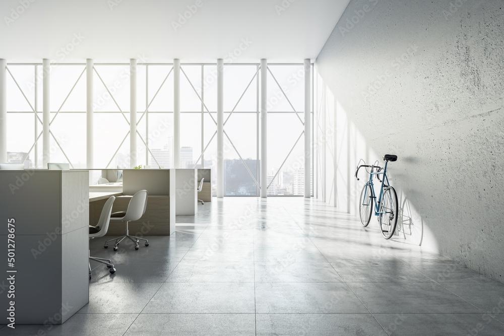 Sunny modern loft style interior design office background with city ...