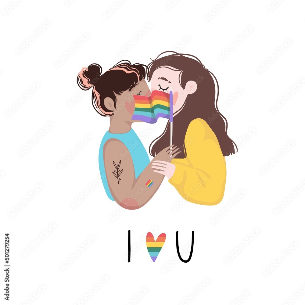 Beautiful young gay girls couple kissing behind pride flag. Cute happy ...