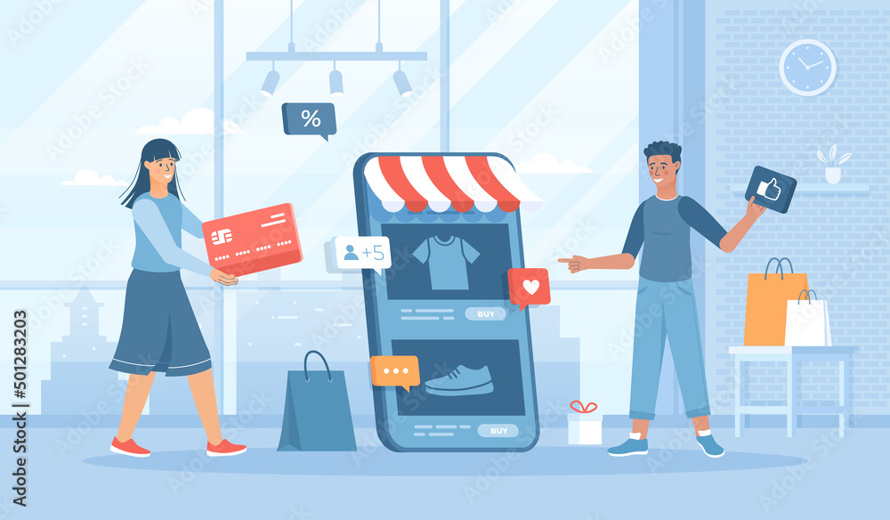 Mobile commerce. Shopper chooses products in online store and makes ...