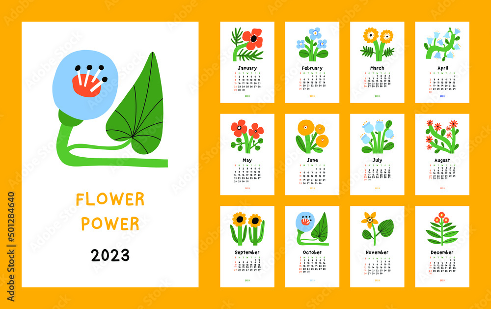 Beautiful Floral Calendar - Flower Power - 2023. Vector botanical ...