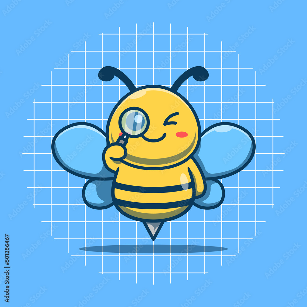 Cute bee looking with a magnifying glass vector illustration. Flat ...