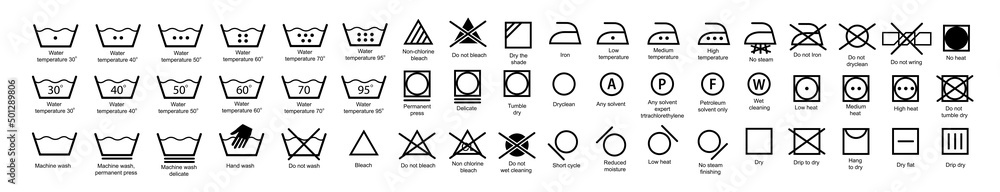 Laundry icons. Garment care instructions on labels, machine wash or ...