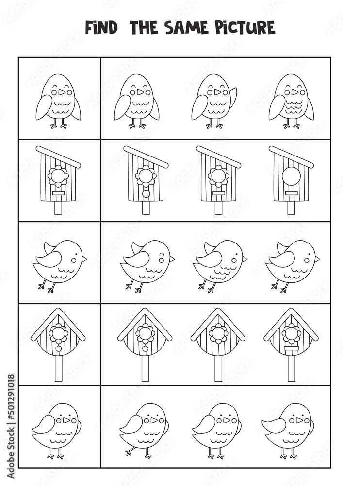 Find two the same cute pictures. Black and white worksheet. Stock ...