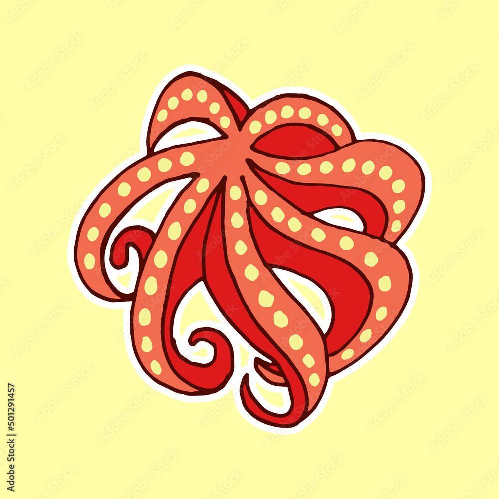 single red octopus illustration on yellow background. big octopus. hand ...