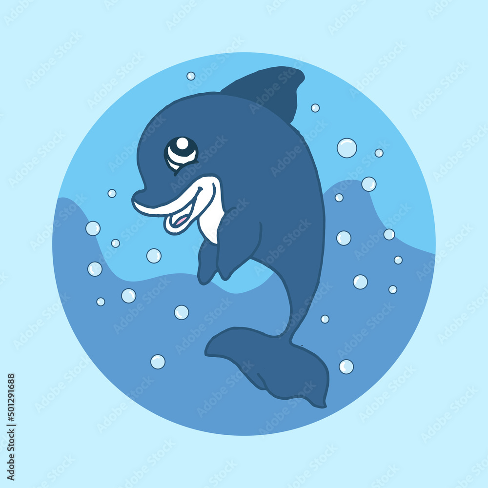 adorable dolphin with smiling face illustration on blue background ...