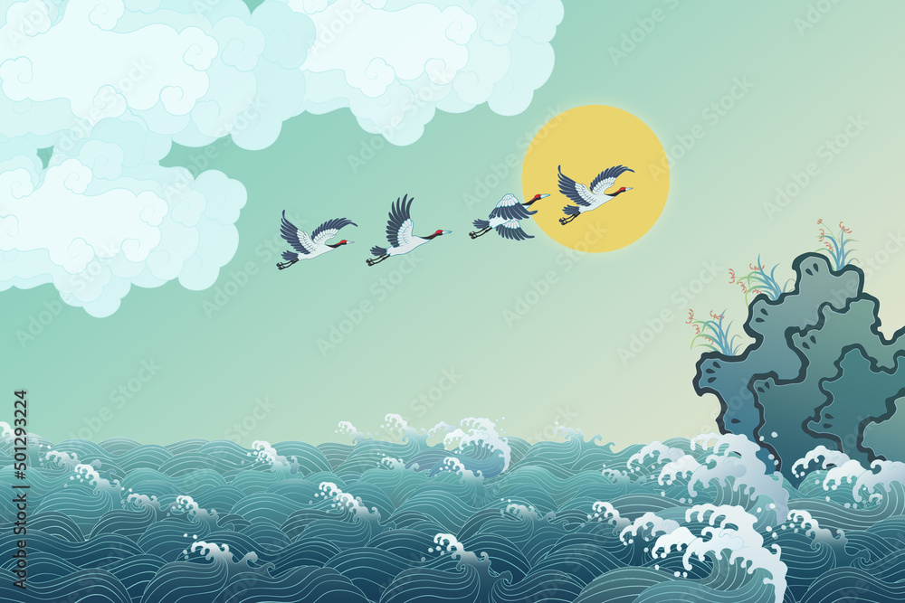 Oriental painting Asian traditional illustration sea and crane 동양화 일러스트 ...