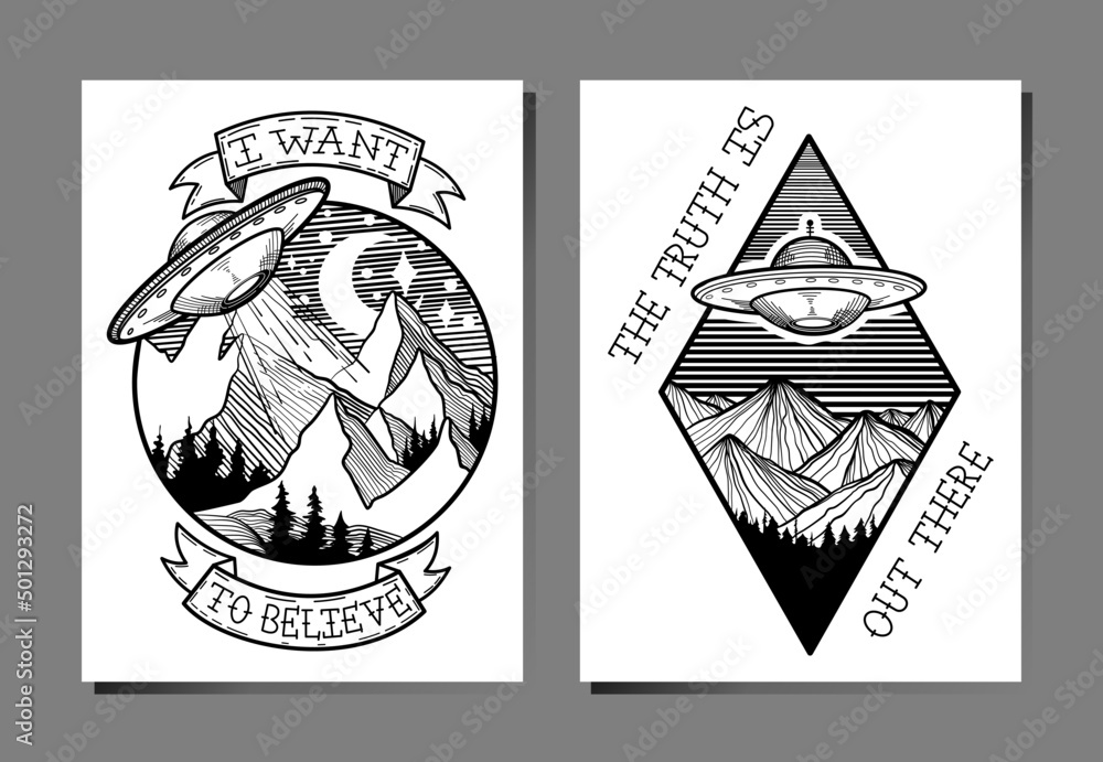 Hand Drawing Vector Poster Set line art composition with UFO, mountains ...