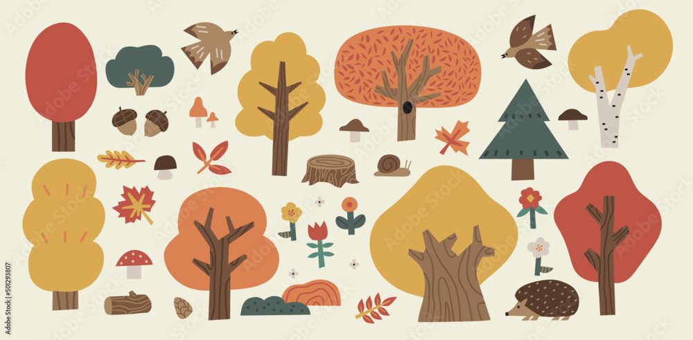 Collection of various autumn forest elements. Set of abstract forest trees, plants and animals ...