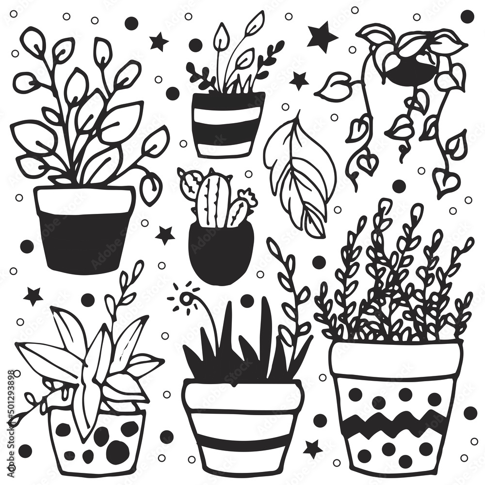collection of houseplant icon. hand drawn vector. black and white ...