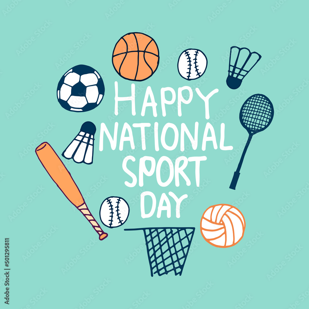 happy national sport day-hand drawn lettering with sport icon on blue ...