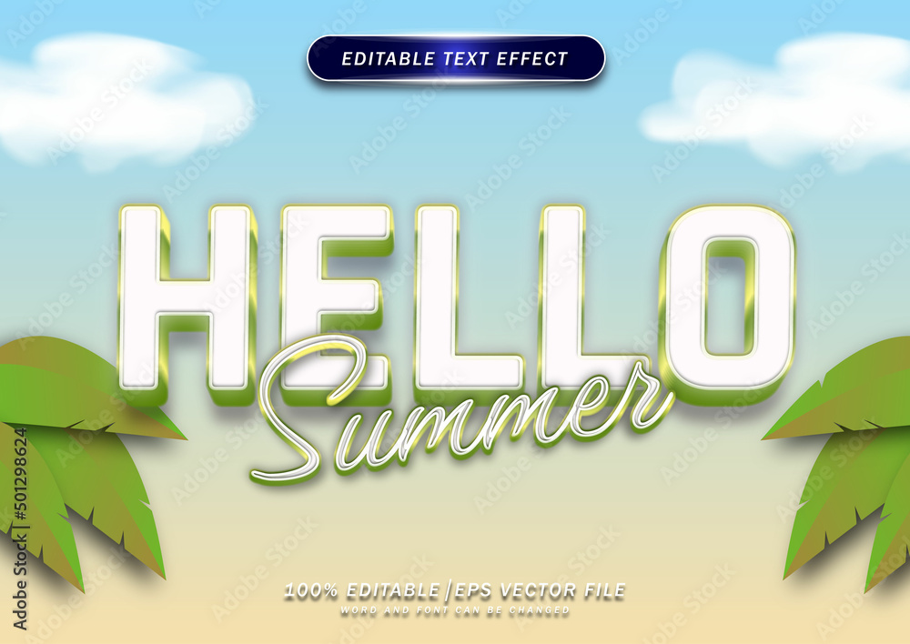 hello summer text effects template with beach background. Suitable for logos, social media and ...