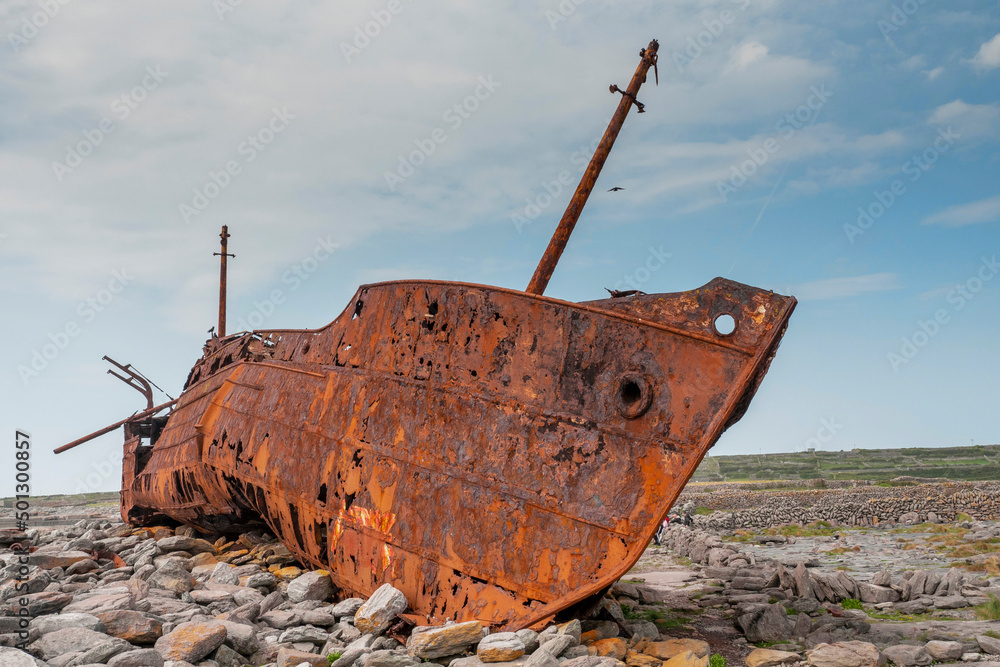 Plassey shipwreck on shore of Inisheer island. Aran islands, county ...