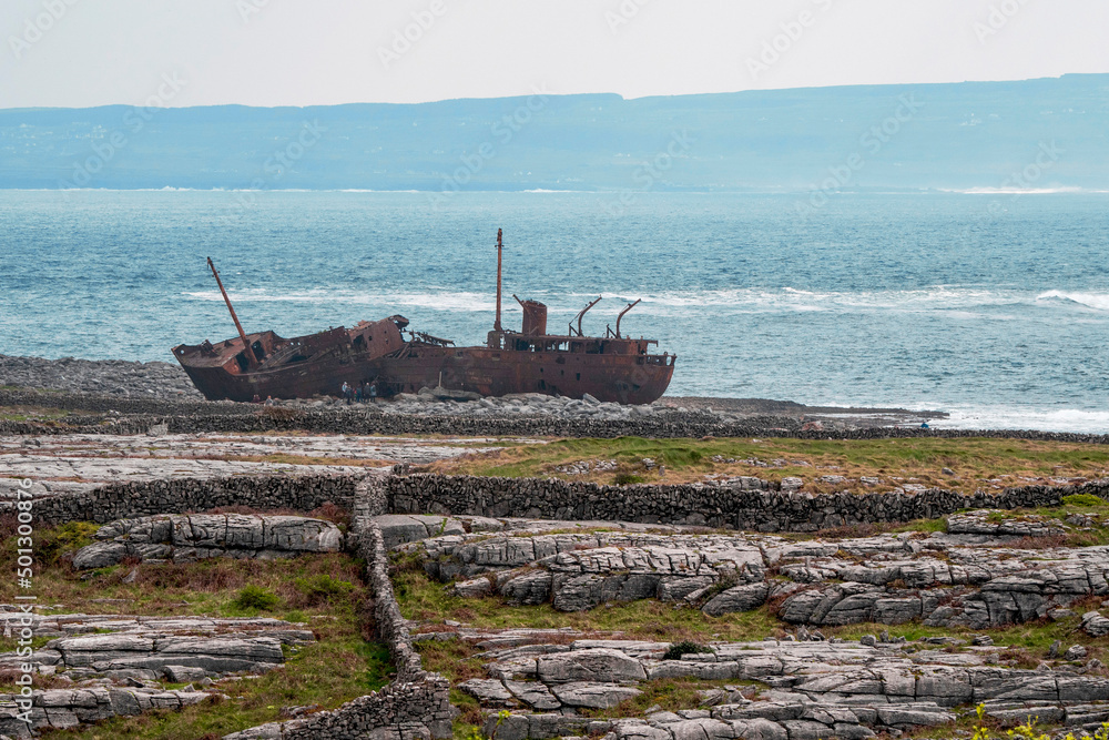 Plassey shipwreck on shore of Inisheer island. Aran islands, county ...