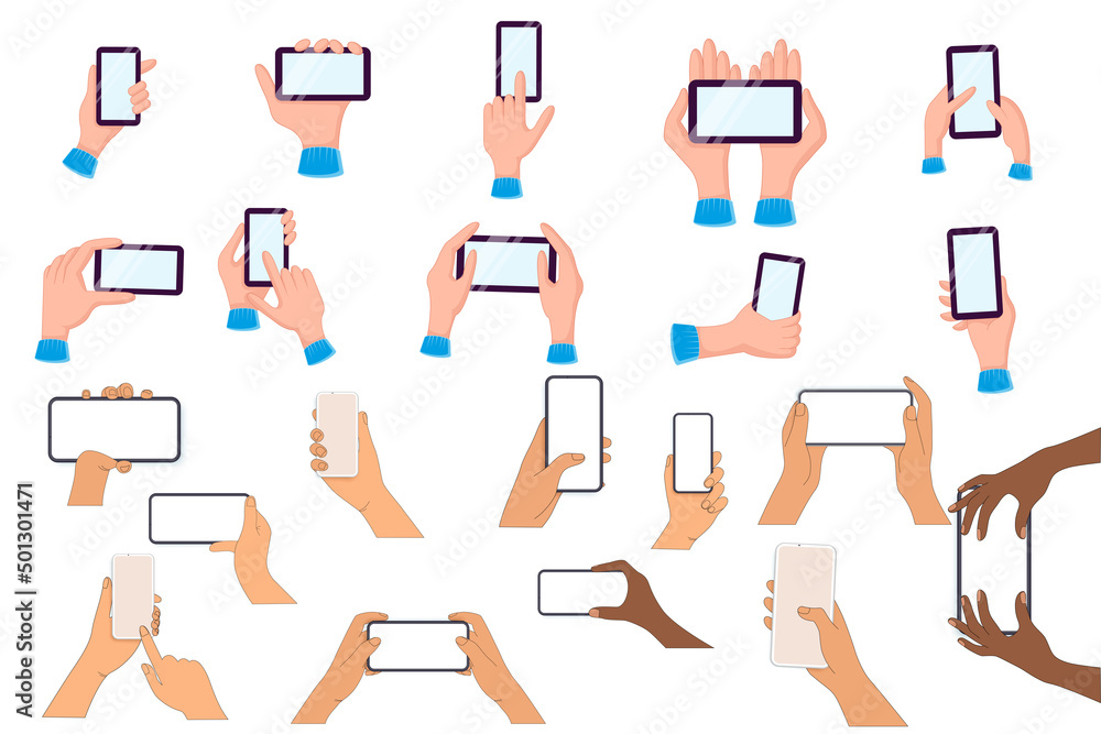 A collection of hands holding a modern smartphone. A set of hands ...