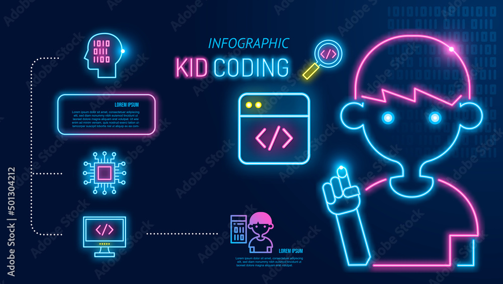 kid coding infographic icon neon. boy programming on laptop in computer ...