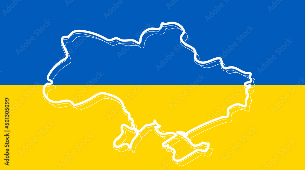 Ukraine, flag and map. Vector line drawing of silhouette of Ukrainian ...