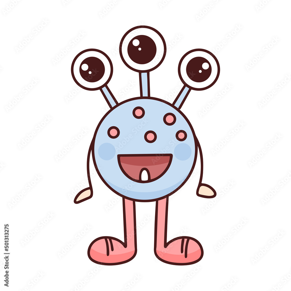 Funny monster with three eyes and one tooth isolated object. Baby ...