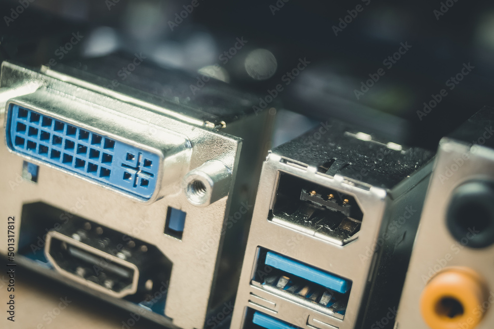 HDMI, DVI, USB ports on the back of the computer motherboard to connect ...