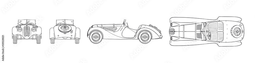 Sketch retro car. Hand drawn car front back top and side view. Vector ...