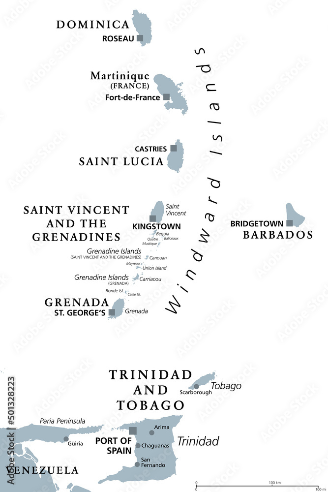 Windward Islands, gray political map. Islands of Lesser Antilles, south ...