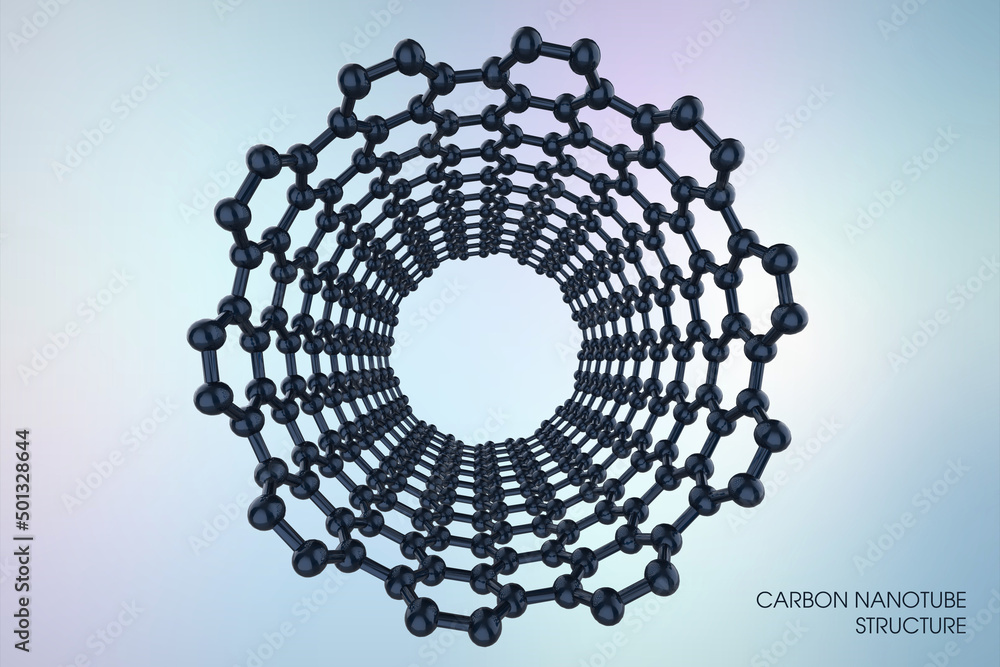 Carbon nanotube, 3D illustration showing hexagonal carbon structure of ...