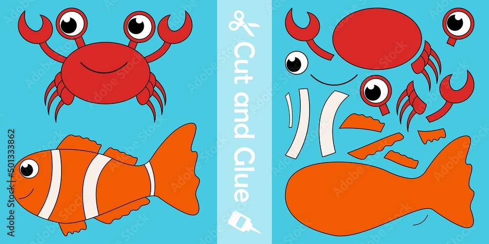 Cute clown fish and crab. education paper game for children. cut and ...