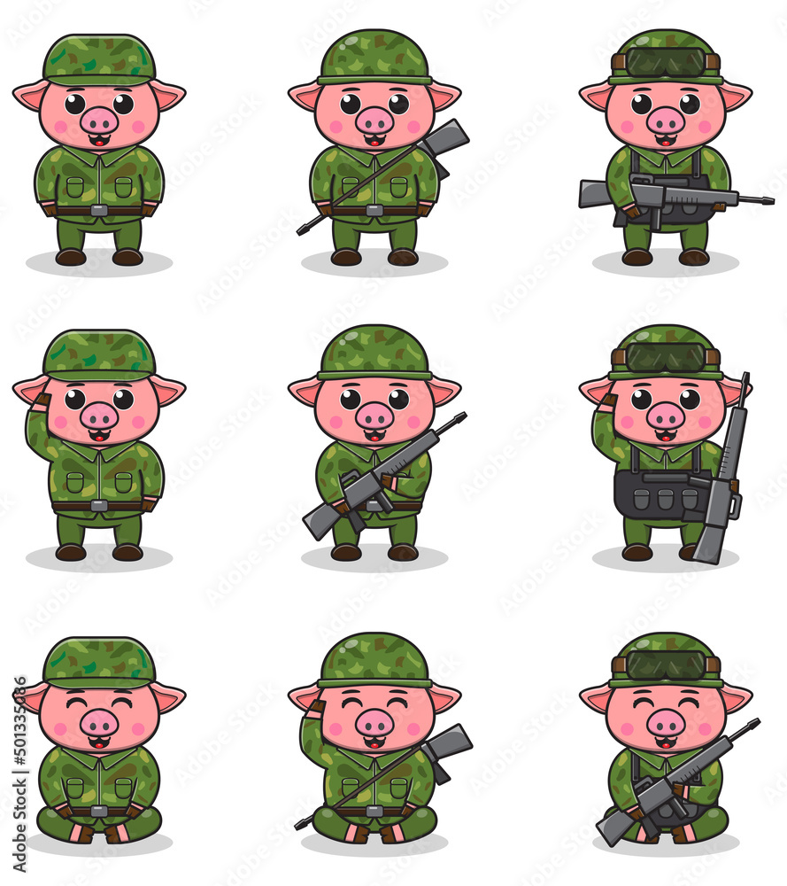 Vector illustrations of cute Pig as Soldier. Cute army set. flat ...