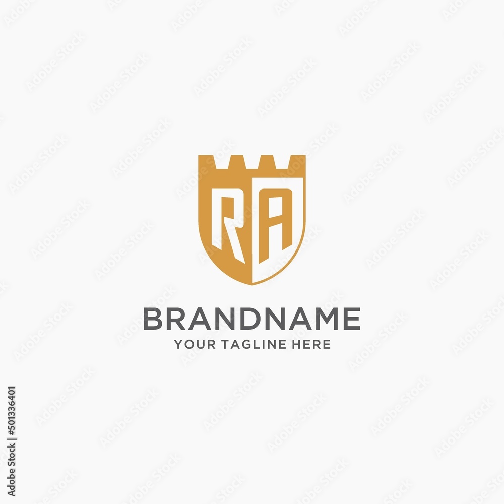 Monogram RA logo with shield and fort, elegant luxury initial logo ...
