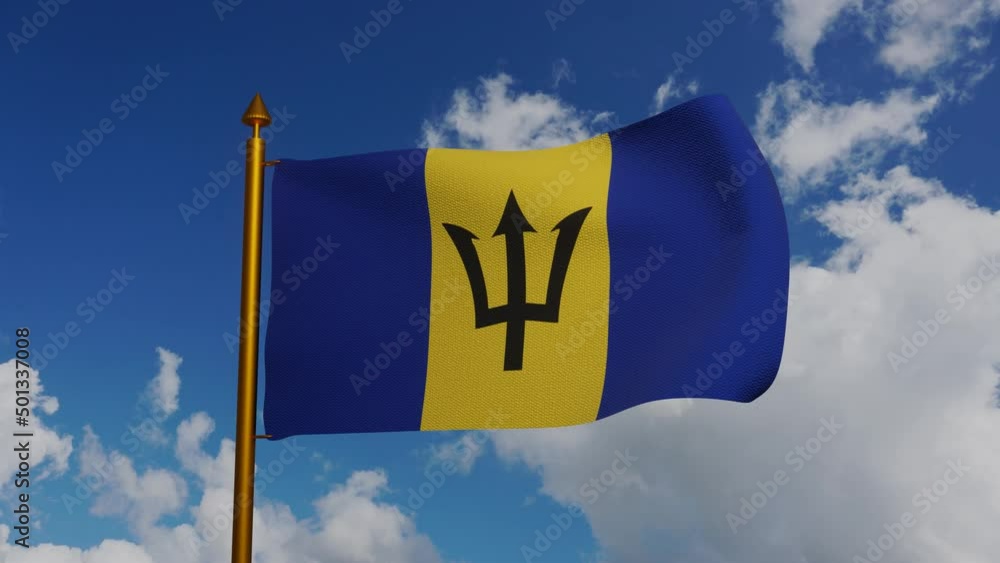 National flag of Barbados waving 3D Render with flagpole and blue sky ...