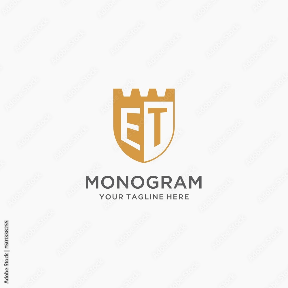 Monogram ET logo with shield and fort, elegant luxury initial logo ...