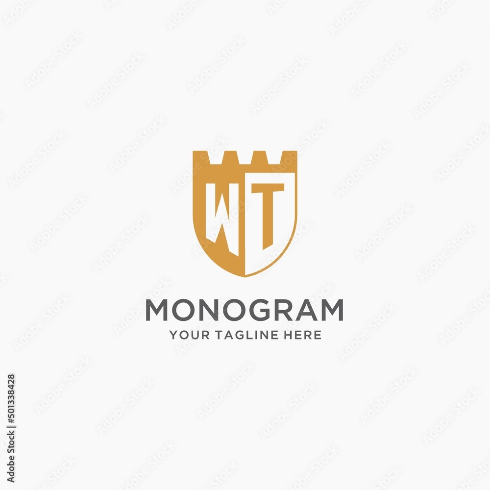 Monogram WT logo with shield and fort, elegant luxury initial logo ...