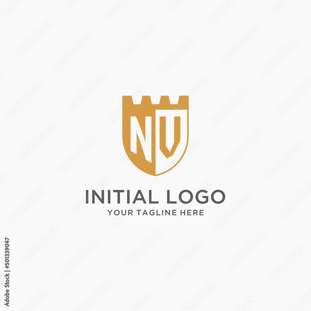Monogram NV logo with shield and fort, elegant luxury initial logo ...