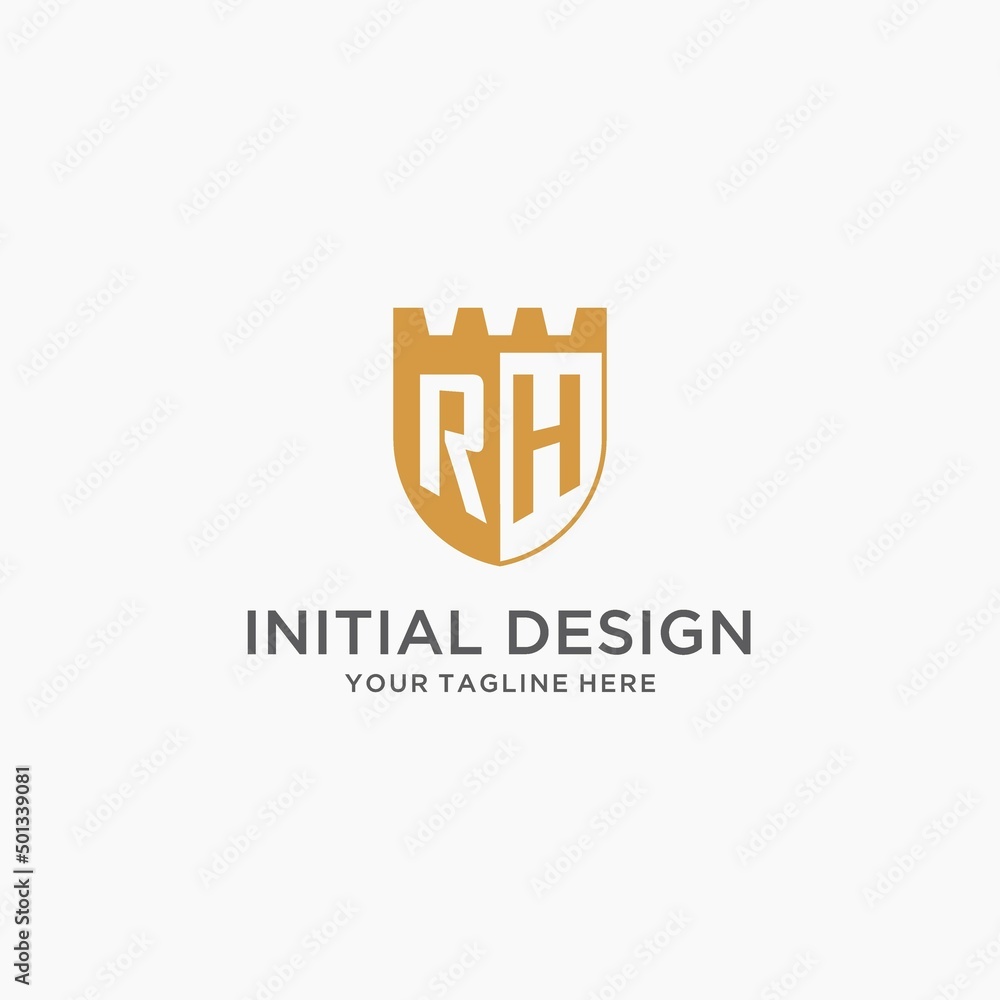 Monogram RH logo with shield and fort, elegant luxury initial logo ...
